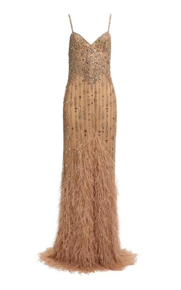 Elie Saab Bead-embroidered Feather-embellished Silk-blend Maxi Dress