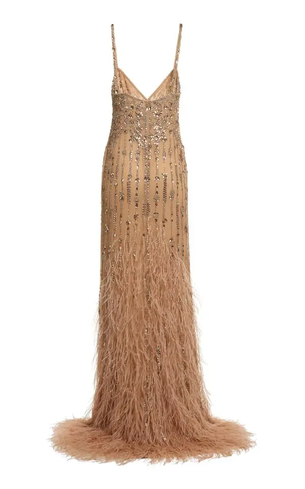 Elie Saab Bead-embroidered Feather-embellished Silk-blend Maxi Dress