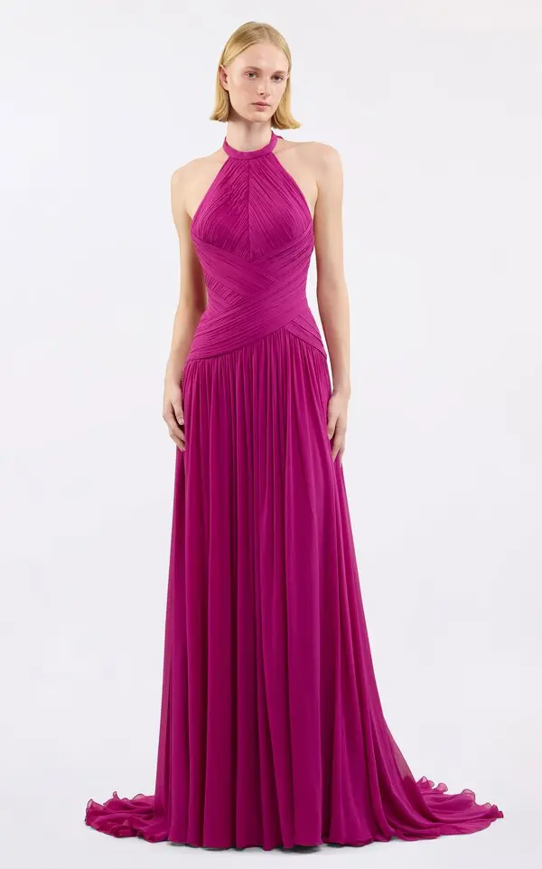 Elie Saab Halter Top Wrapped Bodice Silk-blend Maxi Dress