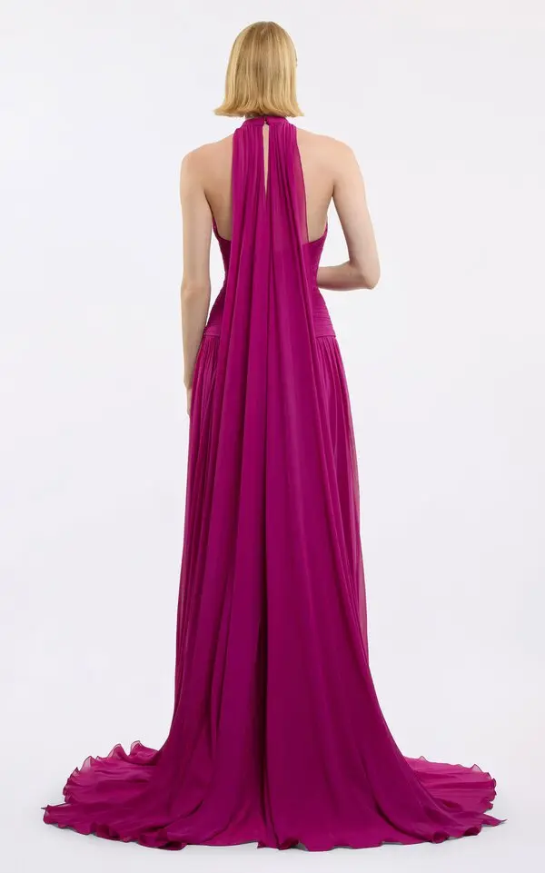 Elie Saab Halter Top Wrapped Bodice Silk-blend Maxi Dress