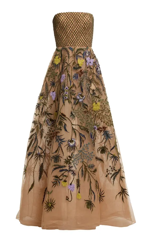 Elie Saab Strapless Floral Beaded Silk-blend Maxi Dress