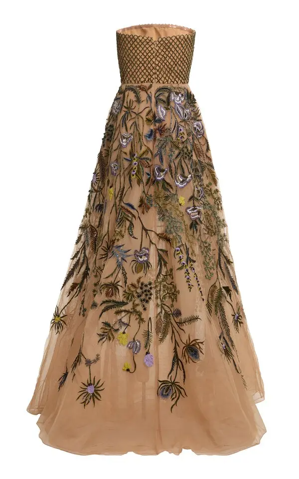 Elie Saab Strapless Floral Beaded Silk-blend Maxi Dress