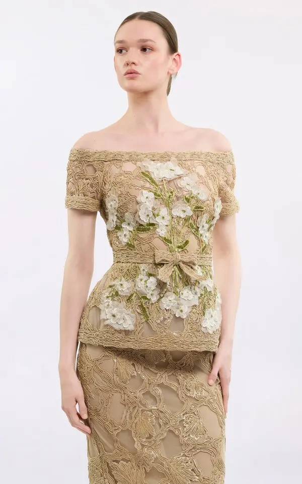 Elie Saab Floral-embellished Raffia-embroidered Off-the-shoulder Top