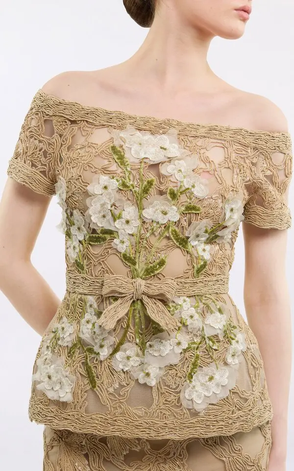 Elie Saab Floral-embellished Raffia-embroidered Off-the-shoulder Top