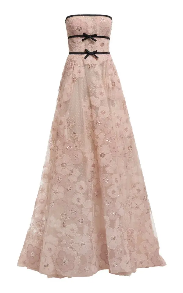 Elie Saab Strapless Floral Bead-embroidered Maxi Dress