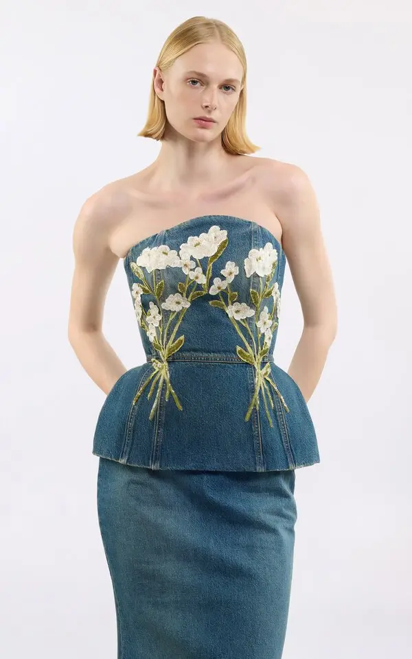 Elie Saab Floral-embellished Denim Corset