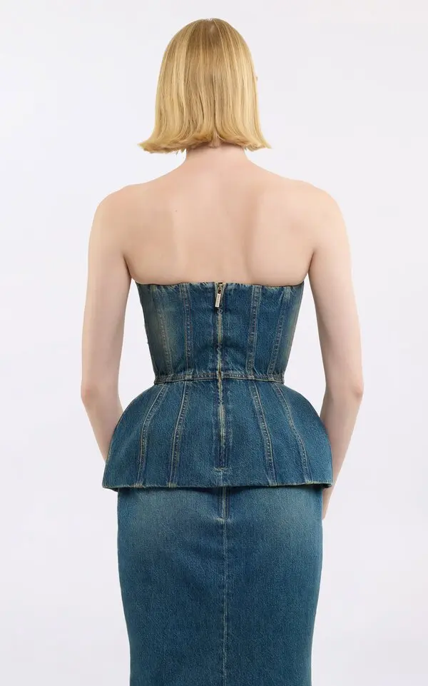 Elie Saab Floral-embellished Denim Corset