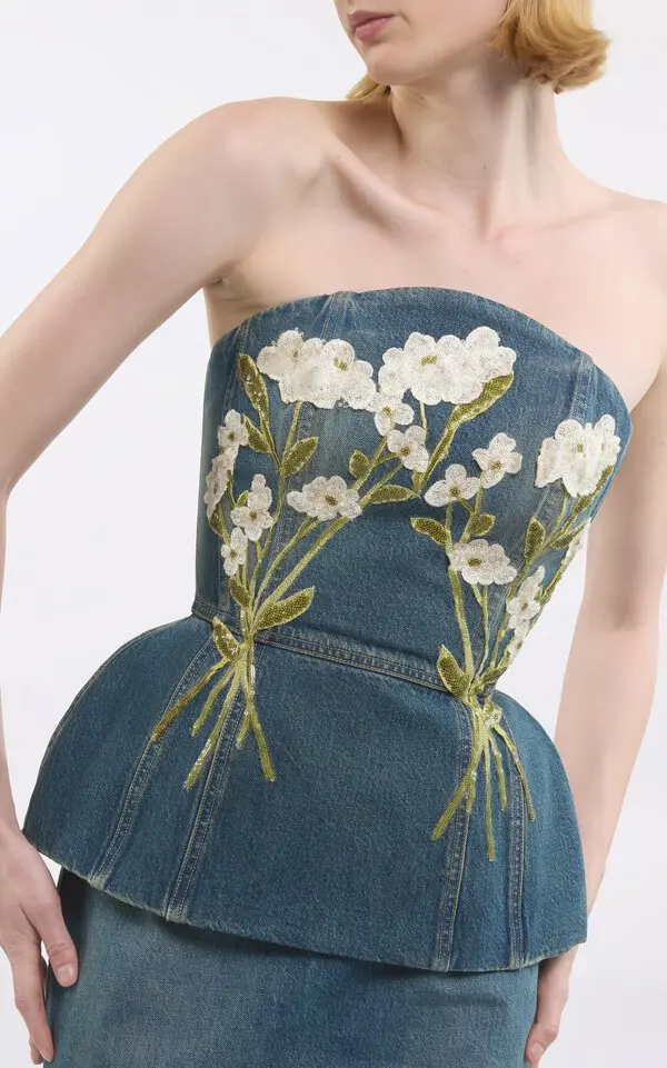 Elie Saab Floral-embellished Denim Corset