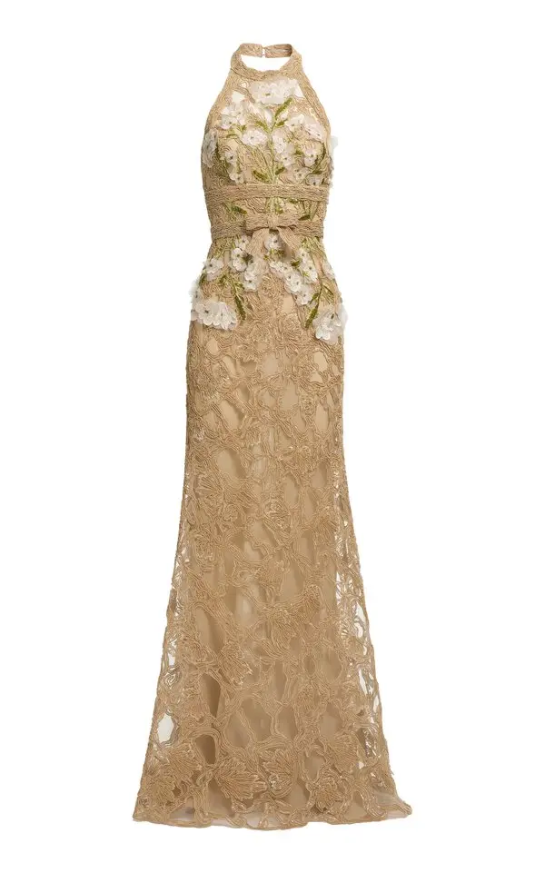 Elie Saab Floral-embellished Raffia-embroidered Halter Top Gown
