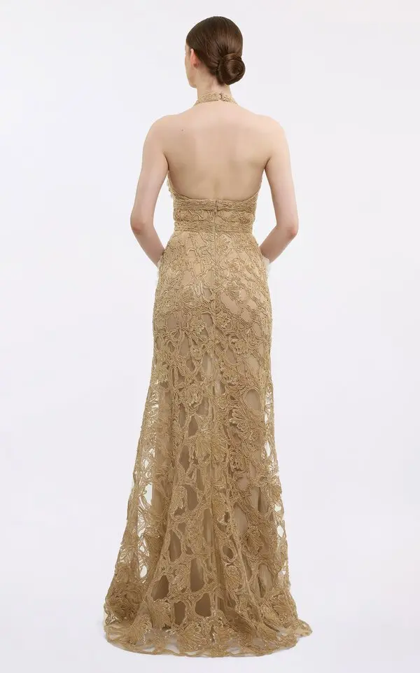 Elie Saab Floral-embellished Raffia-embroidered Halter Top Gown