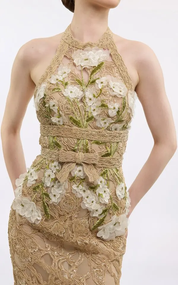Elie Saab Floral-embellished Raffia-embroidered Halter Top Gown
