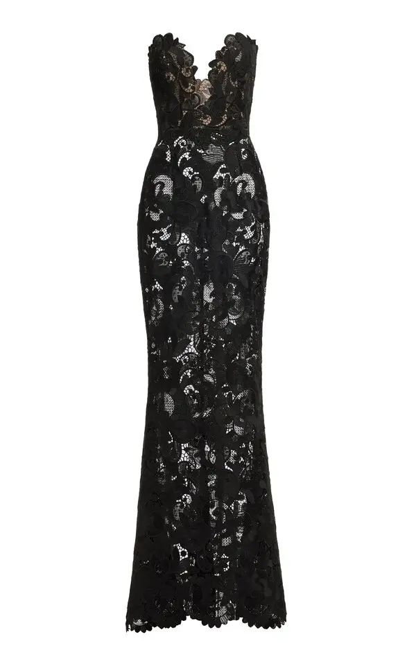 Elie Saab Strapless Lace Maxi Dress