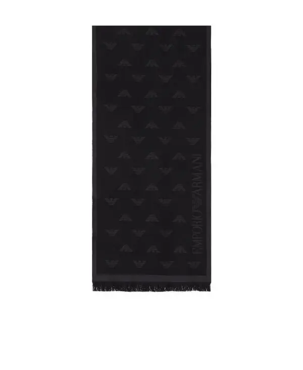 Emporio Armani Logo Embroidered Frayed Edge Knitted Scarf - Black