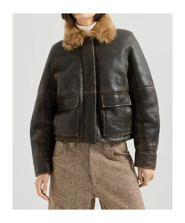 Brunello Cucinelli Shearling Aviator Jacket With Monili