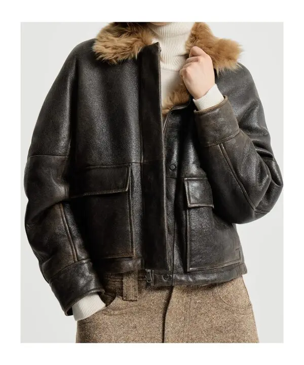 Brunello Cucinelli Shearling Aviator Jacket With Monili