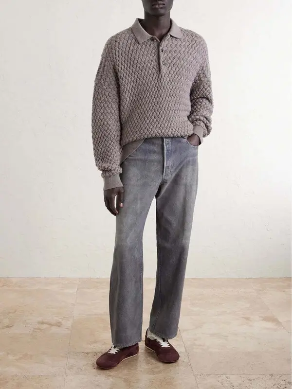 Bottega Veneta Intrecciato Knitted Polo Sweater - Grey