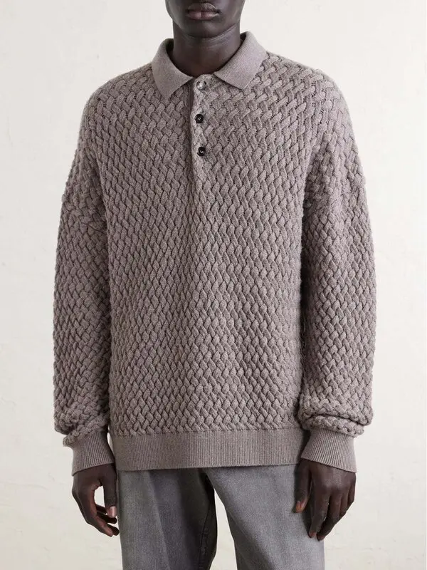 Bottega Veneta Intrecciato Knitted Polo Sweater - Grey