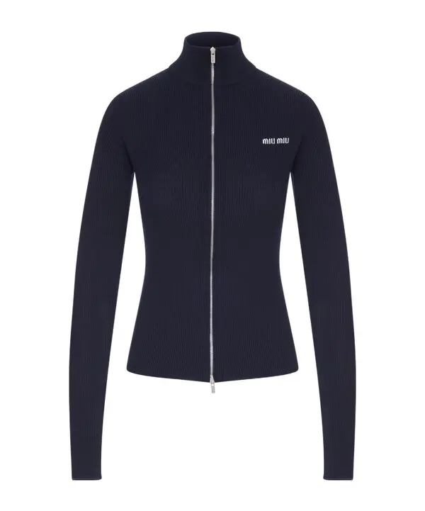 Miu Miu Logo-embroidered Zip-up Cardigan - Navy Blue