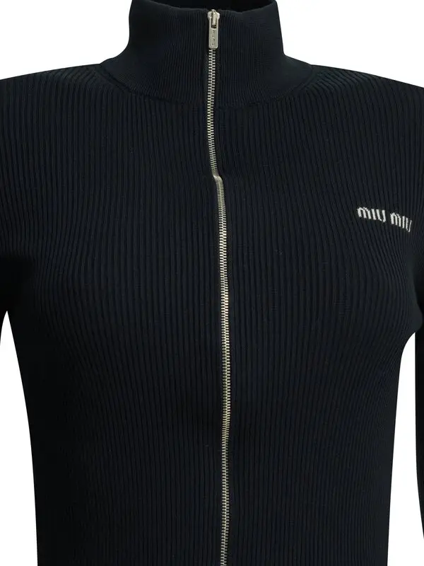 Miu Miu Logo-embroidered Zip-up Cardigan - Navy Blue
