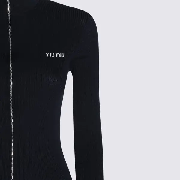 Miu Miu Logo-embroidered Zip-up Cardigan - Navy Blue