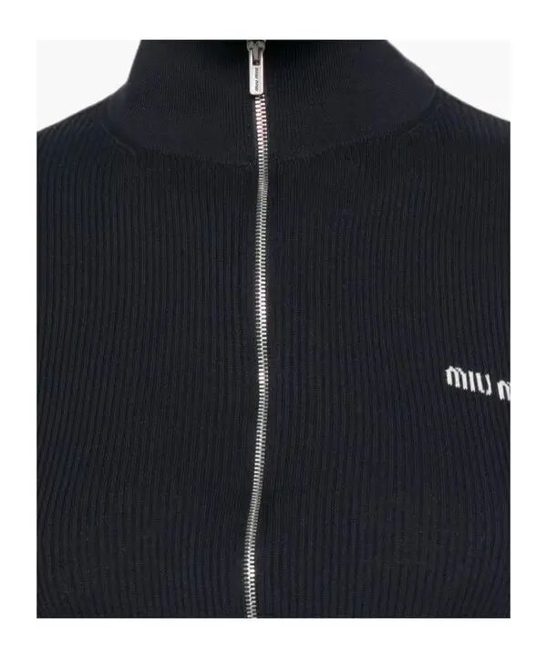 Miu Miu Logo-embroidered Zip-up Cardigan - Navy Blue