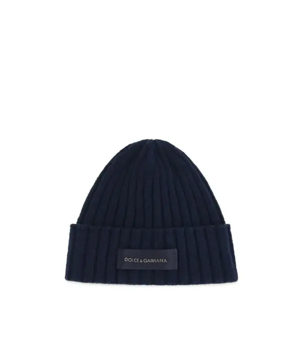 Dolce & Gabbana Ribbed Wool Beanie With Logo Patch - Blue
