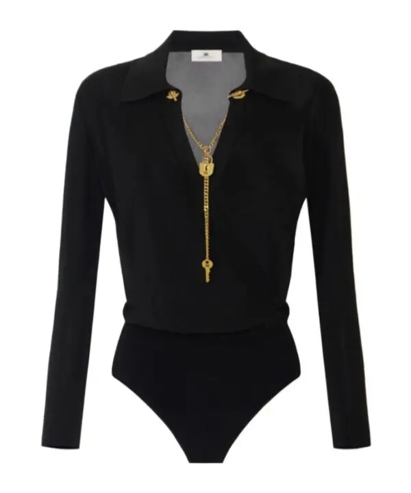 Elisabetta Franchi Viscose Yarn Bodysuit With Jewel Chain - Black