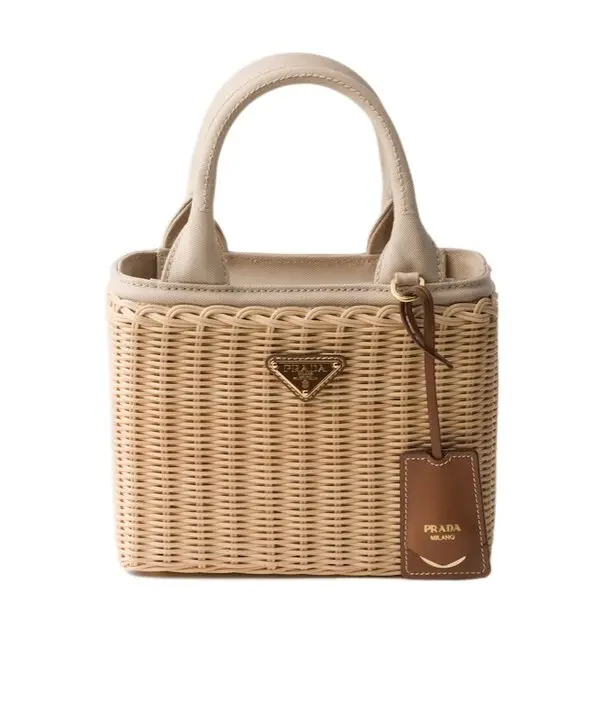 Prada Small Wicker And Canvas Tote Bag - Tan Se