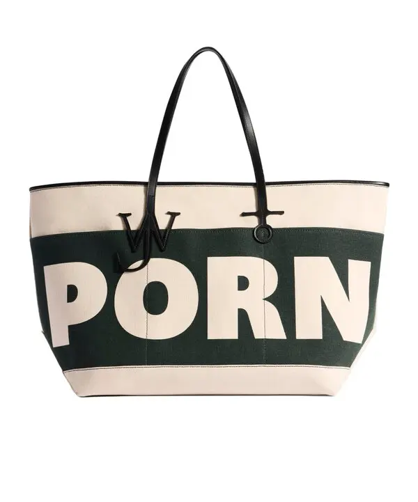 J.W.ANDERSON Xl 'porn' Anchor Canvas Leather Tote In Green Natural - Nude