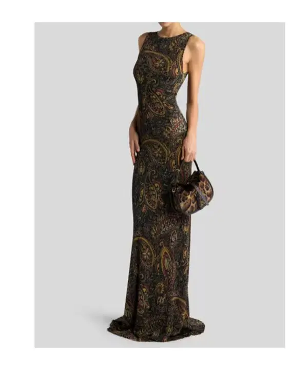 Etro Ribbed Maxi Dress With Floral Paisley Motif - Green