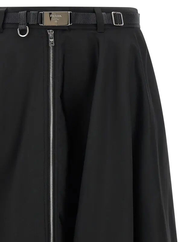 Prada Re-nylon Flared Skirt With Belt Loops And Front Zipper