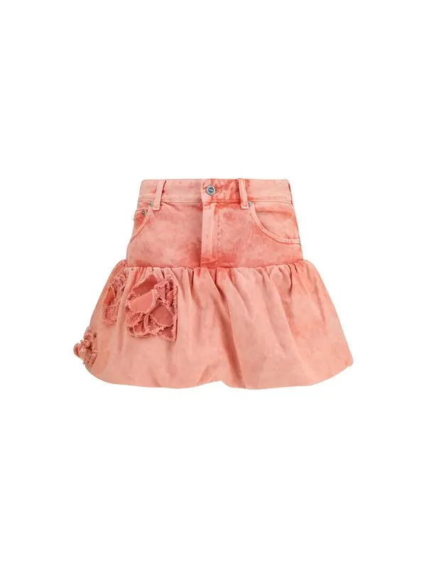GANNI Mini Bubble Skirt With Appliqué Roses In Distressed Denim - Pink