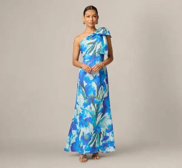 Adrianna Papell Petite One Shoulder Floral Print Mermaid Gown - Blue Multi
