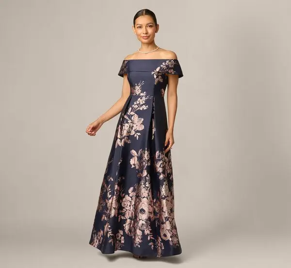 Adrianna Papell Petite Off Shoulder Metallic Floral Jacquard Gown In Navy Blush - Navy/blush