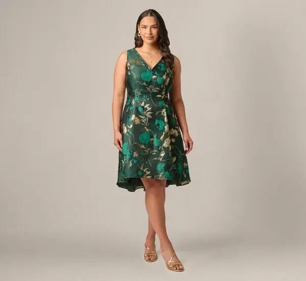 Adrianna Papell V Neck Metallic Jacquard Fit And Flare Midi Dress In Hunter Gold - Hunter/gold