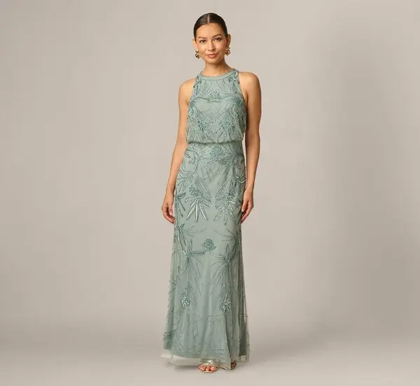 Adrianna Papell Petite Beaded Halter Blouson Long Dress - Sage