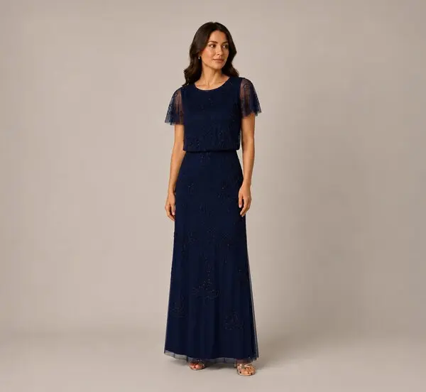 Adrianna Papell Petite Flutter Sleeve Floral Beaded Blouson Gown - Navy