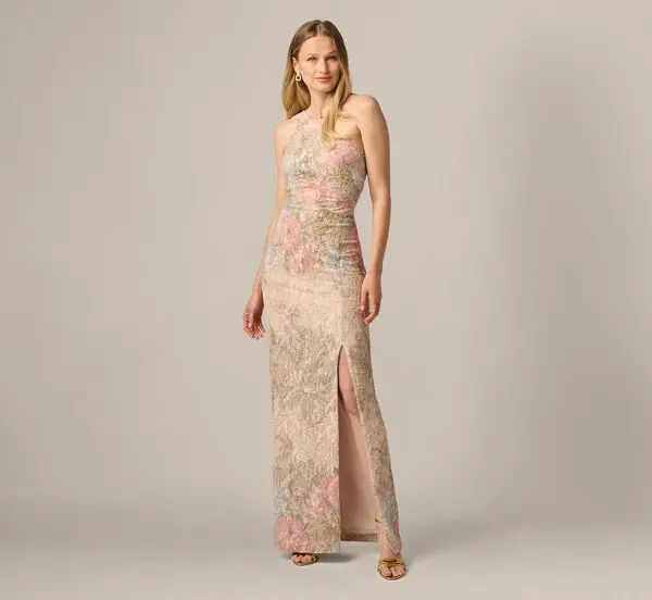 Adrianna Papell One Shoulder Floral Matelasse Column Gown