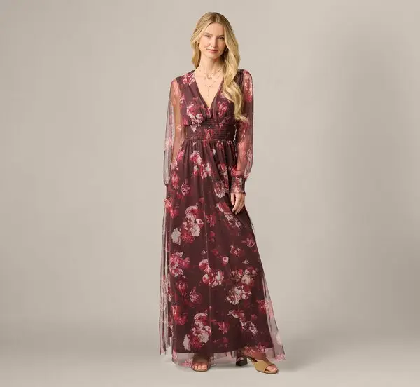 Adrianna Papell Floral Print Bishop Sleeve Maxi Dress