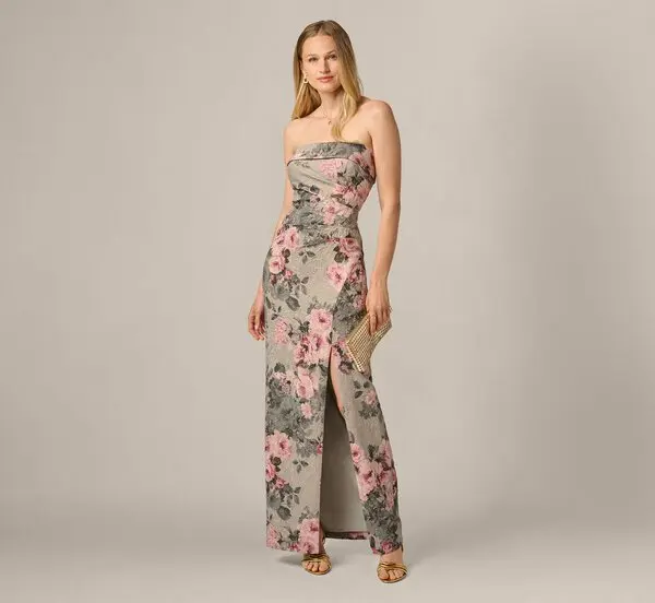 Adrianna Papell Strapless Floral Matelasse Column Gown In Slate Blush Multi