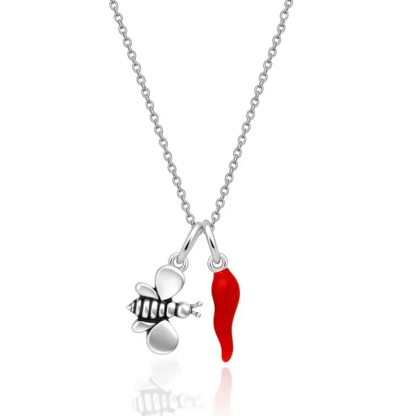 UNALOE Silver / Red Sterling Silver Bee And Red Cornicello Charm Necklace