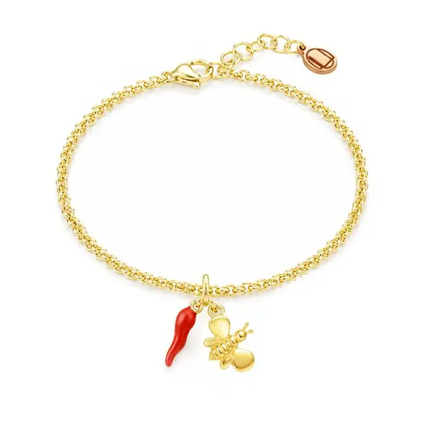 UNALOE Gold / Red Gold Plated Bee And Red Cornicello Charm Bracelet - Gold/red