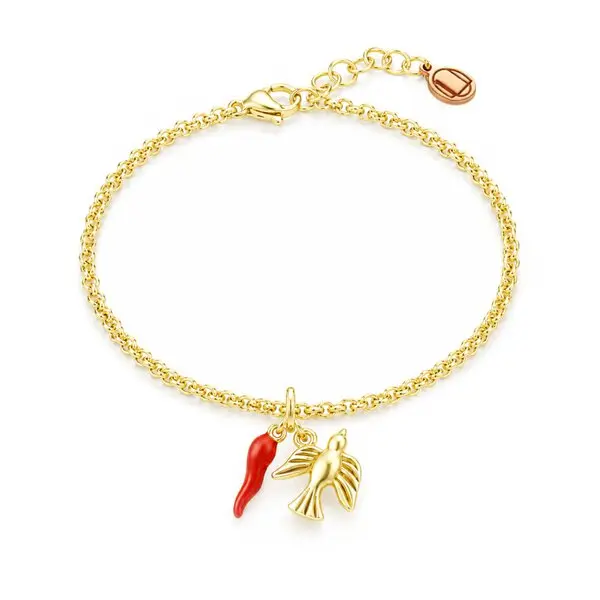 UNALOE Gold / Red Gold Plated Sterling Silver Dove And Red Cornicello Charm Bracelet - Gold/red