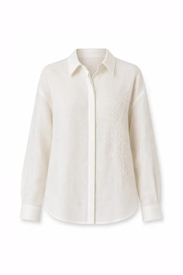 EXQUISE Neutrals / Emelia Embroidered Linen Shirt Ecru - White