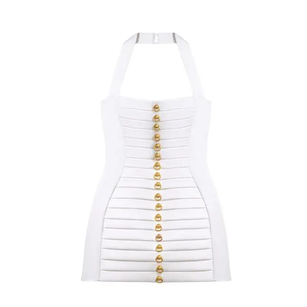 NOCTURNE Halterneck Ruched Mini Dress With Gold Button Detail - White