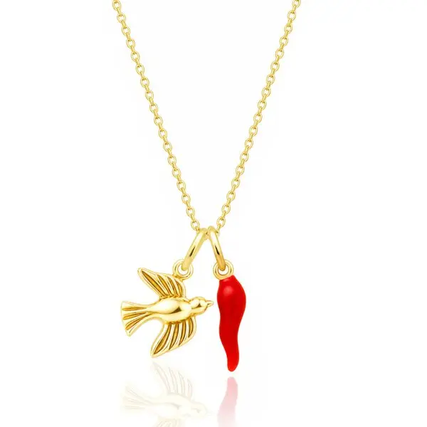 UNALOE Gold / Red Gold Plated Sterling Silver Dove And Red Cornicello Charm Necklace