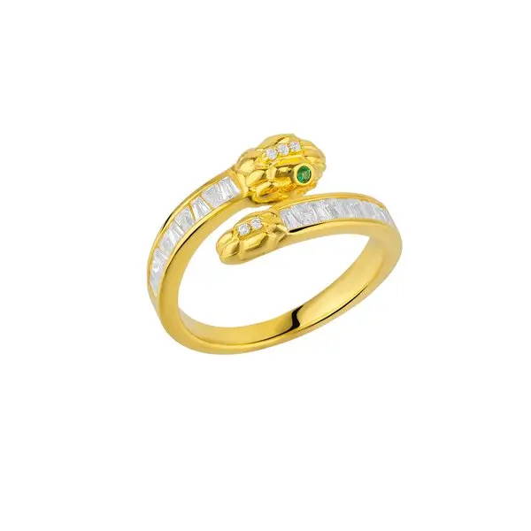 SPERO LONDON Baguette Snake Ring With Green Eyes In Sterling Silver - Gold