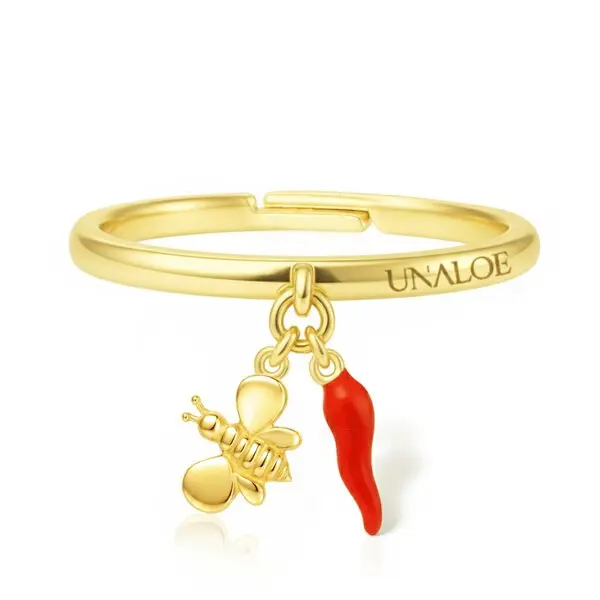 UNALOE Gold Plated Sterling Silver Bee And Italian Horn Charm Ring - Gold/red