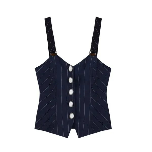 NOCTURNE Navy Pinstripe Corset Bustier Top - Blue