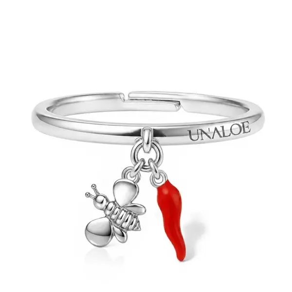 UNALOE Silver / Red Adjustable Sterling Silver Bee And Italian Horn Charm Ring - Silver/red